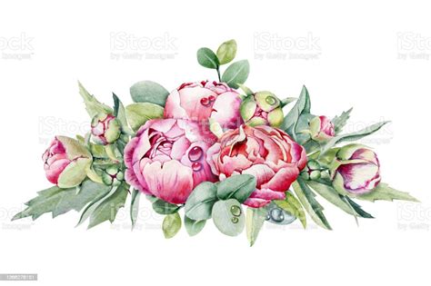 모란 꽃다발 둥근 꽃 프레임 화환 흰색 배경에 고립 된 손으로 그린 수채화 그림 엽서의 디자인에 대한 유칼립투스의 꽃과 잎 축하 구도에 대한 스톡 벡터 아트 및 기타 이미지