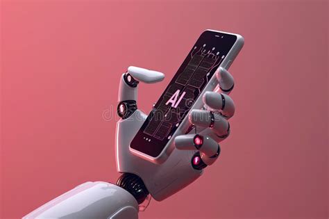 Robotic Hand Holding A Smartphone With Ai Circuitry Visualization On Pink Background Stock
