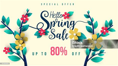 녹색 잎과 화려한 꽃으로 봄 판매 배너 당신의 인사말 카드 전단지 웹 배너 초대장 포스터 브로슈어 배너 달력 봄 판매에 대 한