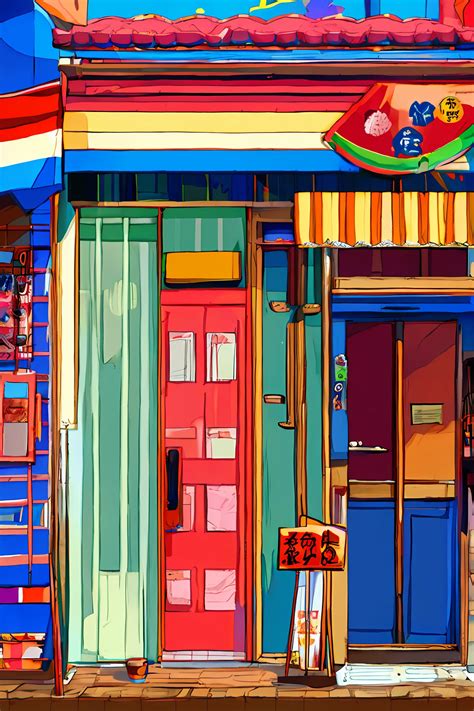 Brightly Colored Storefront With A Red Door And A Blue Awning Seaart Ai