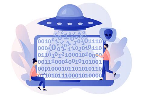 빛의 광선과 Ufo 우주선은 데이터 컴퓨터를 납치 공간 개념 외국인 미래지향적인 알 수 없는 비행 물체 세계 연락일 현대 플랫 만화 스타일 흰색 배경의 벡터 그림 개념에