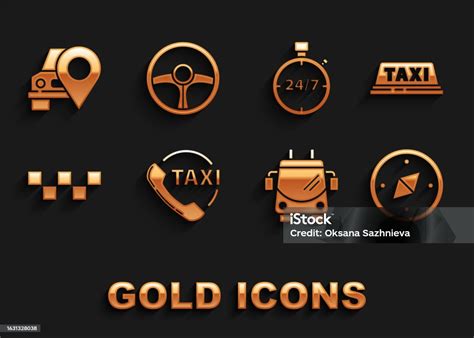 택시 통화 전화 서비스 자동차 지붕 나침반 트롤리 버스 스톱워치 24 시간 택시와 스티어링 휠 아이콘이있는지도 포인터를 설정합니다 벡터 24에 대한 스톡 벡터 아트 및 기타