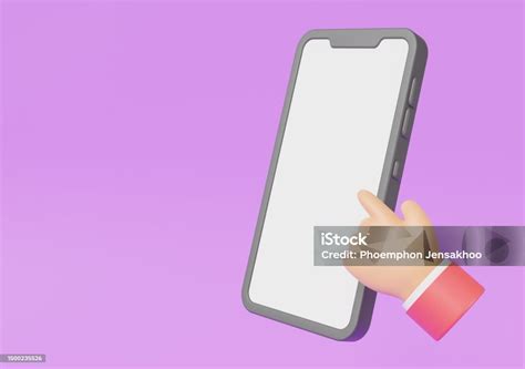 스마트폰 손을 잡고 있거나 흰색 빈 화면에 손가락을 대고 있다 보라색 배경에 모바일 만화 전화입니다 복사 공간이 비어 있습니다 소셜 미디어 개념 템플릿3d 렌더링