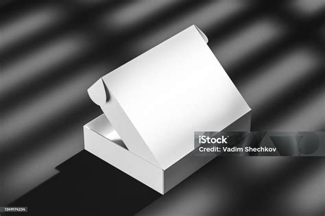 그림자가 있는 검은 색 배경에 완전히 열린 흰색 골판지 상자 포장 선물 측면 보기입니다 모의 3d 렌더링 0명에 대한 스톡 사진 및 기타 이미지 Istock