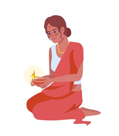 디왈리 세미 플랫 컬러 벡터 캐릭터에 오일 램프를 든 젊은 여성 프리미엄 벡터