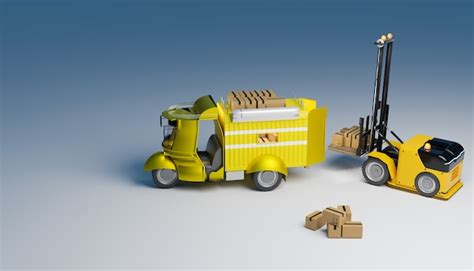 premium photo lifting robot working to take parcel box to small truck