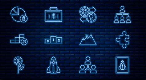 세트 라인 시작 프로젝트 개념 퍼즐 조각 인적 자원 비즈니스 연단 재무 성장 차트 및 달러 깃발과 서류 가방 돈 아이콘이 있는 산 벡터 가방에 대한 스톡 벡터 아트 및 기타