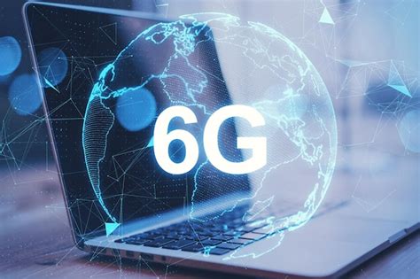 Premium Photo Close Up Of Laptop With Abstract Globe 6g Hologram On Blurry Background