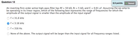 Solved An Inverting First Order Active High Pass Filter Has Chegg