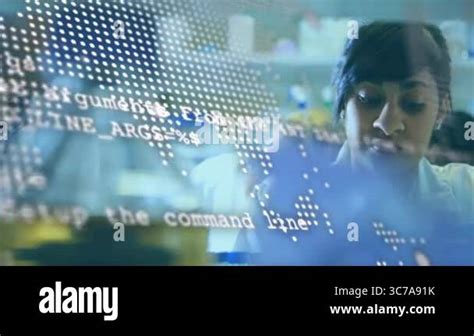 In Laboratory Scientist Analyzing Digital Data With World Map