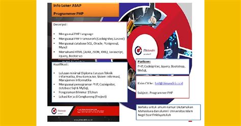 Info Loker ASAP Programmer PHP Fakultas Sains Dan Teknologi