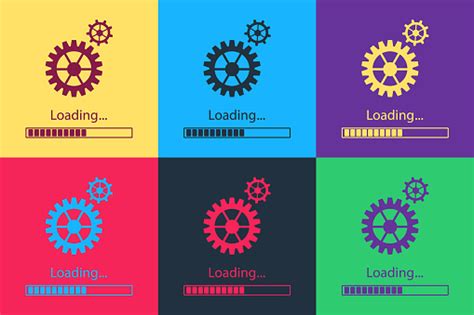 컬러 배경에 격리 된 팝 아트 로딩 및 기어 아이콘 진행률 표시줄 아이콘입니다 시스템 소프트웨어 업데이트 로딩 프로세스 기호입니다 벡터 Crash Site에 대한 스톡 벡터