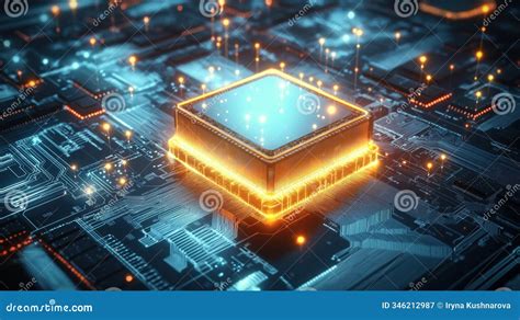 Futuristic Tech Illustration Shows Glowing Cpu On Circuit Board Quantum Computing Concept With