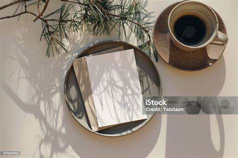 현대 크리스마스 문구류 빈 인사말 카드 초대장 접시에 햇빛에 봉투 모형 녹색 소나무 나뭇 가지 통하고 흰 탁자 배경 긴 그림자 커피 한 잔 윈터 플랫레이 탑 모형에 대한