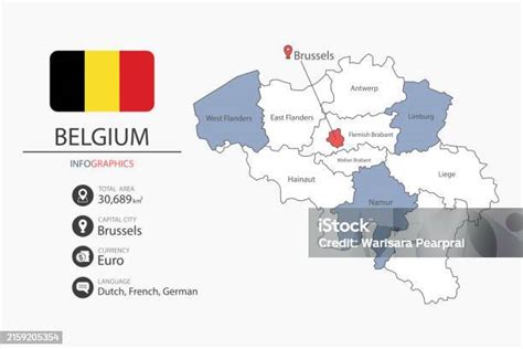 벨기에지도 인포 그래픽 요소 와 도시 국기 제목과는 별개로 전체 면적 통화 언어 및 이 나라의 수도가 있습니다 개념에 대한 스톡