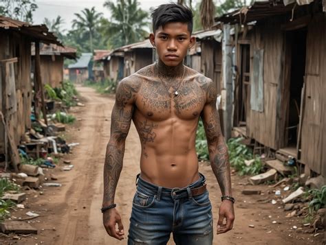 Muscular Indonesian Teenager With Tattoos In Rural Village Setting Ai