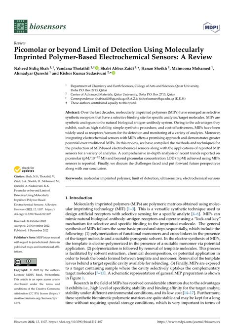 Pdf Picomolar Or Beyond Limit Of Detection Using Molecularly Imprinted Polymer Based