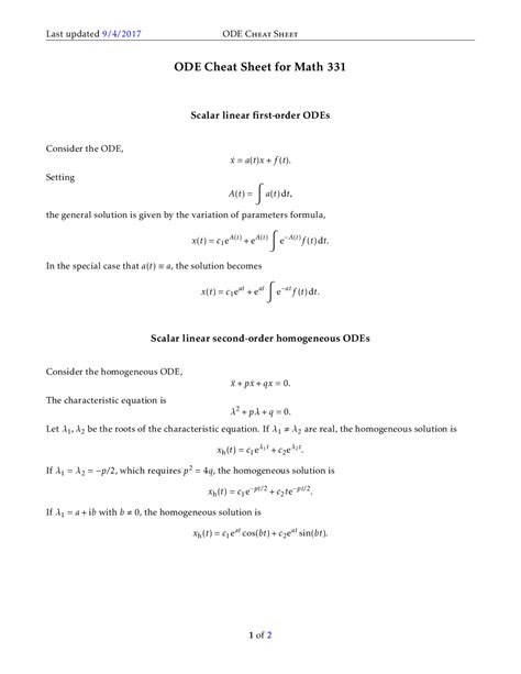 Ordinary Differential Equations Ode Cheat Sheet Docsity