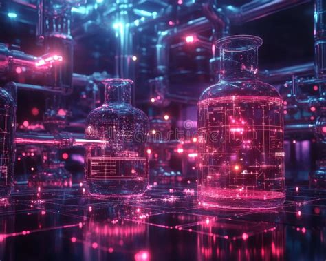 Digital Holographic Projections Of Chemical Reactions In Futuristic Lab Stock Illustration