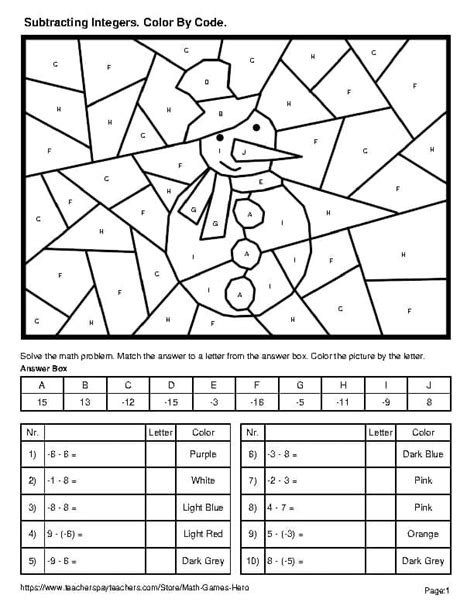 Subtracting Integers Winter Coloring Worksheets Color By Code