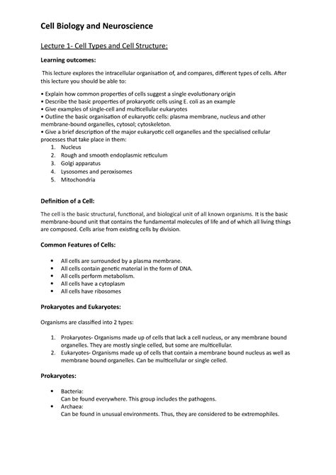 Cell Types And Cell Structure Partially Completed Cell Biology And