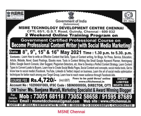 Msme Training Chennai Government Of India Training Program