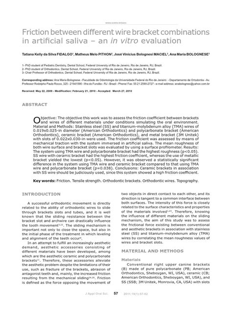Friction Between Different Wire Bracket Combinations In Vitro Evaluation Pdf Orthodontics