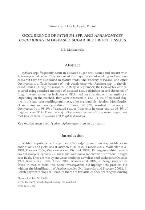 Pdf Occurrence Of Pythium Spp And Aphanomyces Cochlioides In Diseased Sugar Beet Root Tissues