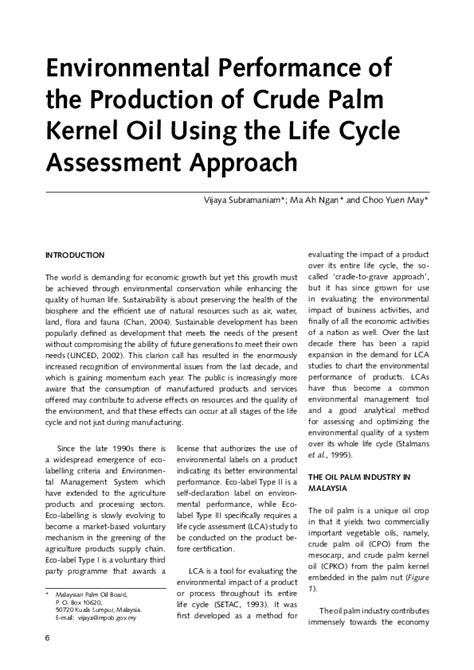Pdf Environmental Performance Of The Production Of Crude Palm Kernel Oil Using The Life Cycle