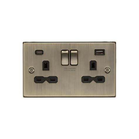Antique Brass 13A 2G SP Switched Socket With Dual USB A C 5V DC 4 0A Shared With Black Insert