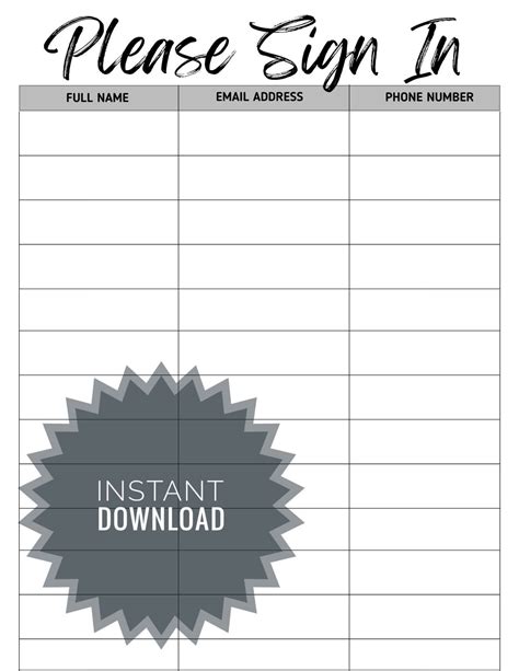 Please Sign In Sheet Instant Download Name Email Phone Number