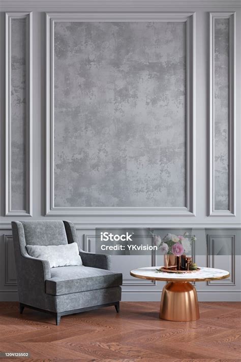 회색 안락 의자 커피 테이블 꽃 및 벽 몰딩이있는 고전적인 회색 인테리어 3d 렌더링 일러스트 모형 몰딩에 대한 스톡 사진 및 기타 이미지 Istock