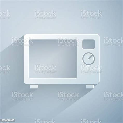 회색 배경에 격리 된 전자 레인지 아이콘을 잘라 종이 가전 제품 아이콘입니다 종이 아트 스타일 벡터 3차원 형태에 대한 스톡 벡터 아트 및 기타 이미지 Istock