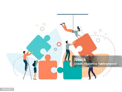 비즈니스 개념입니다 퍼즐 요소를 연결하는 사람들 팀워크 파트너십 협력의 상징 벡터는 추세 색상의 흰색 배경에 격리됩니다 실톱에