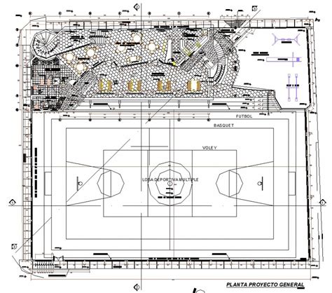 Multiple Sports Building Work Plan And Playground Details In Autocad