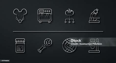 세트 라인 실험용 마우스 첨가제가 든 항아리 현미경 Dna 기호 돋보기 아래의 미생물 생물 안전 상자 스탠드에 있는 시험관 플라스크 및 유전자 변형 식품 아이콘 벡터 Dna