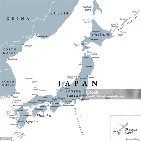 Japan Main Islands Gray Political Map Of The East Asian Island Country
