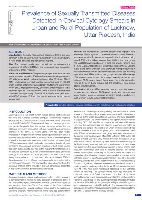 PDF Prevalence Of Sexually Transmitted Diseases Detected In Cervical Cytology Smears In Urban