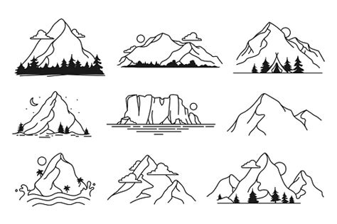 손으로 그린 산 윤곽선 모음입니다 라인 아트 스타일의 산 풍경입니다 언덕 빙산 바위 및 높은 봉우리 디자인을 위한 요소 벡터 일러스트 레이 션 산에 대한 스톡 벡터 아트 및