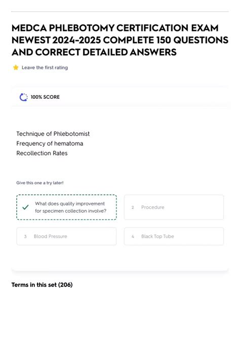 Medca Phlebotomy Certification Exam Newest Complete 150 Questions And