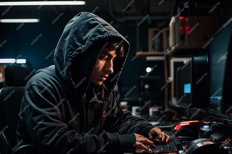 Premium Photo Hacker Programmer Who Sits In A Hoodie Behind A