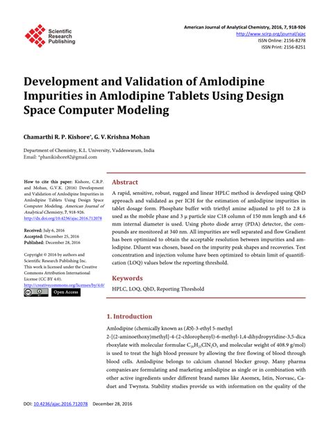 Pdf Development And Validation Of Amlodipine Impurities In Amlodipine Tablets Using Design