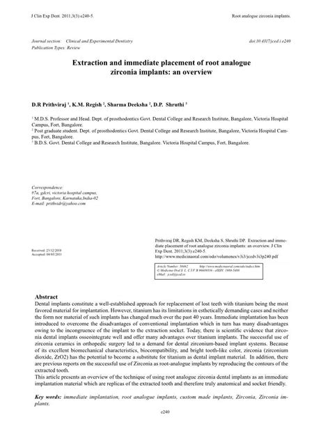 Extraction And Immediate Placement Of Root Analogue Zirconia Implants