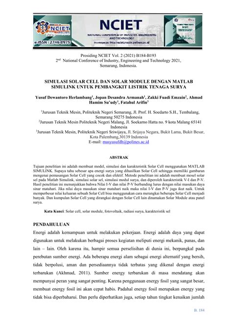 Pdf Simulasi Solar Cell Dan Solar Module Dengan Matlab Simulink Untuk Pembangkit Listrik
