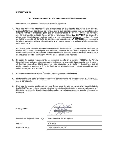 Formato 02 Declaración Jurada De Veracidad Pdf