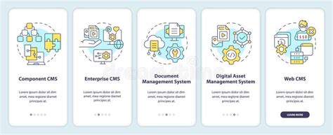Content Management Systems Types Onboarding Mobile App Screen Stock