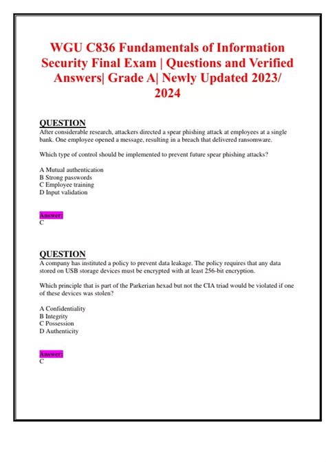 Wgu C836 Fundamentals Of Information Security Final Exam Questions And Verified Answers Grade