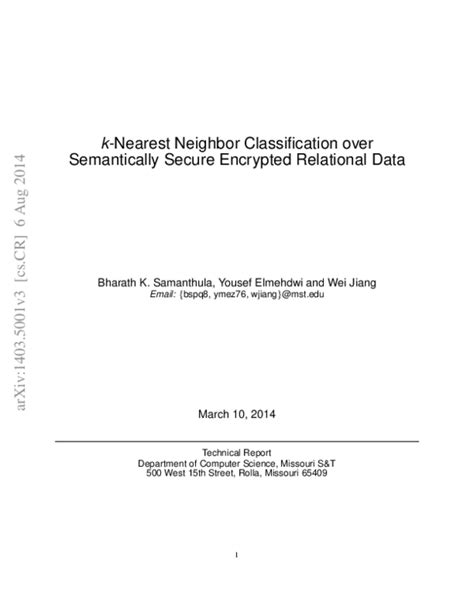 Pdf K Nearest Neighbor Classification Over Semantically Secure Encrypted Relational Data