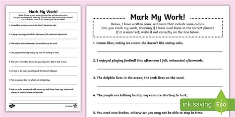 Mark My Work Semi Colons Activity Semi Colons