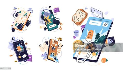 스마트폰 세트로 온라인 쇼핑 전화 앱으로 구매하는 개념 구매자는 배송 주문 및 상품 구매 인터넷 상점에서 판매 중인 상품을 예약하고 있습니다 흰색에 고립 된 평면 벡터